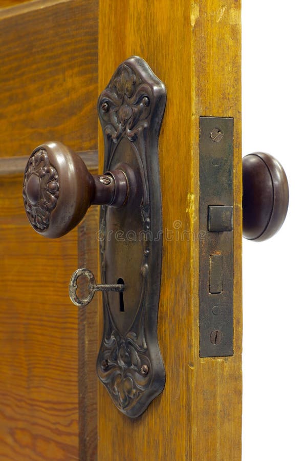 Antique Door and Door Handle with Skeleton Key in Stock Image - Image ...