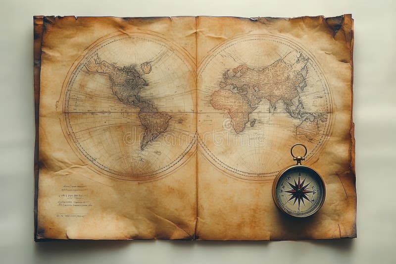 Antique Double Hemisphere Map with Golden Compass Stock Photo - Image ...