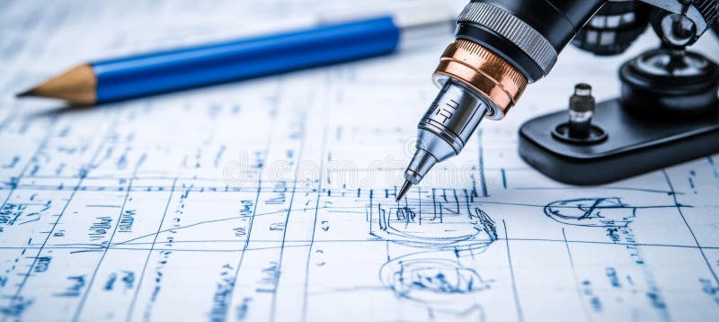 Antique Drafting Tool on Technical Drawing with a Blue Pencil ...