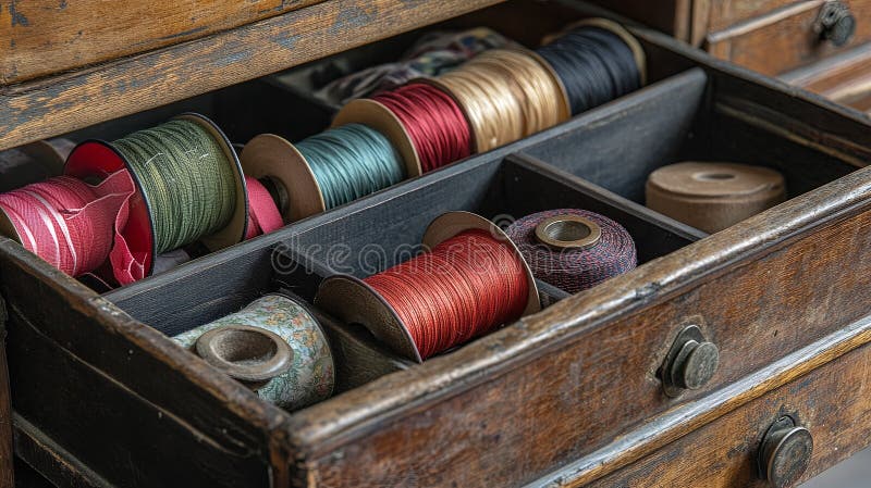 Antique Drawer Open with Ribbon Spools and Fabric . Stock Photo - Image ...