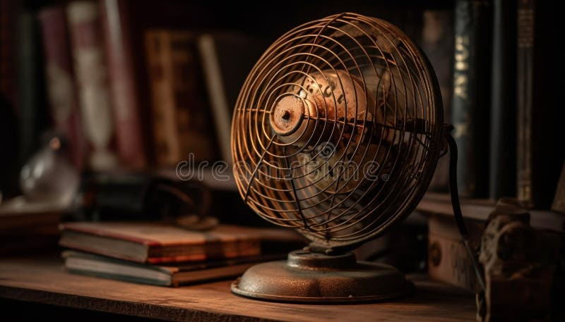 Antique Electric Fan Turning on Rustic Table Generated by AI Stock ...