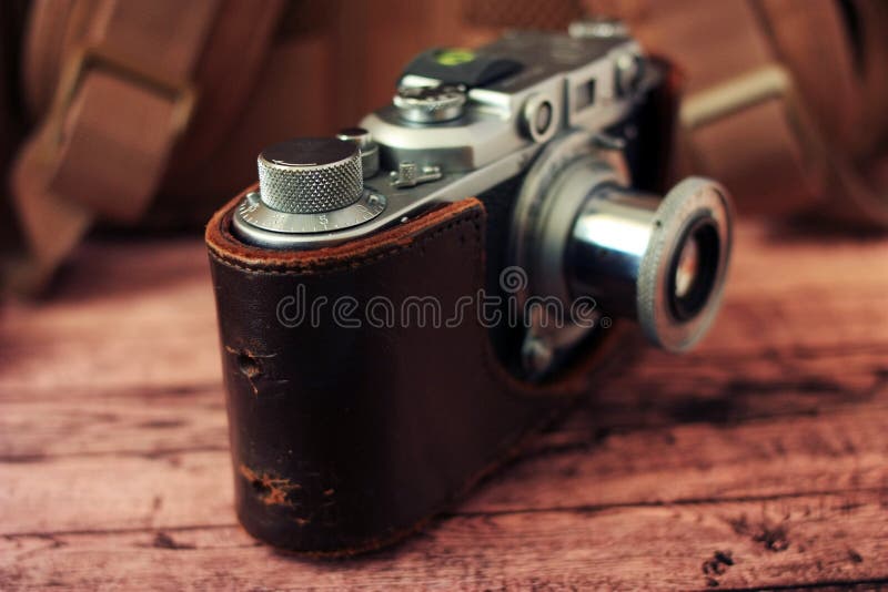 Antique Film Camera in Leather Case Stock Image - Image of copper ...