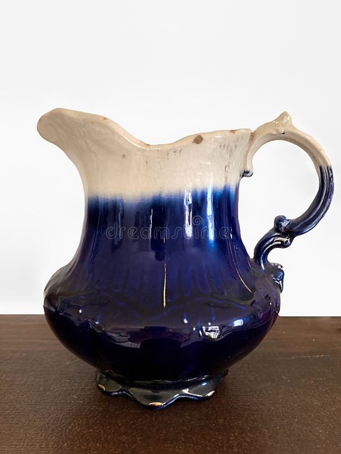 Antique Flow Blue Pitcher with Deep Blue Bleeding into the Top White ...