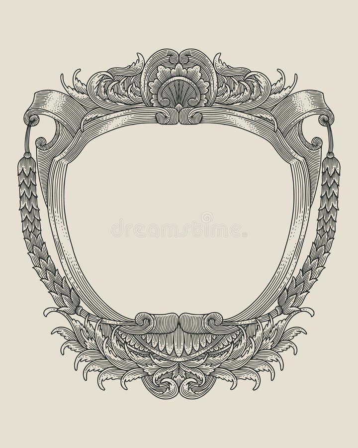 Antique Frame with Engraving Drawing Style. Vector Vintage Illustration Stock Vector ...