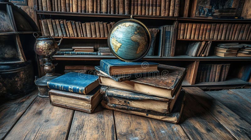 Antique Globe on Books in Library Study Stock Photo - Image of library ...