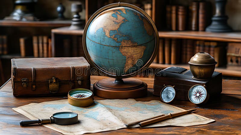 Antique Globe, Compass, Maps, and Other Navigational Tools on a Wooden ...