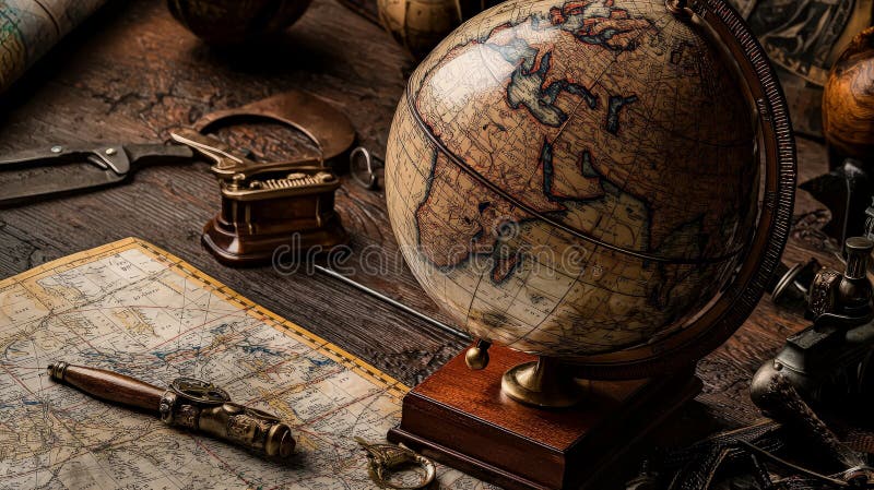 Antique Globe, Maps, and Vintage Tools on a Wooden Desk Stock Photo ...
