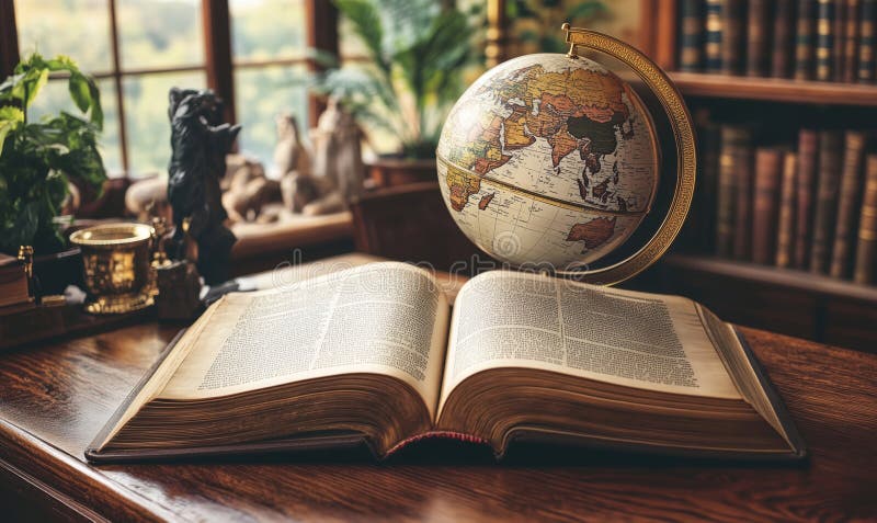 Antique Globe and Open Book on Wooden Desk in Library, Showcasing ...