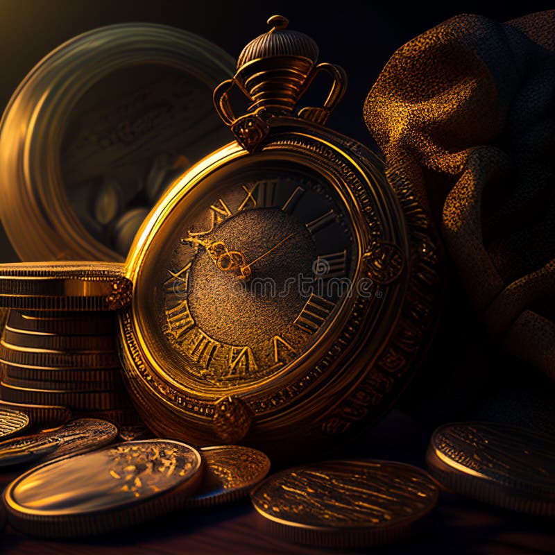 An Antique Gold Clock Next To Gold Coins Scattered Around the Table ...