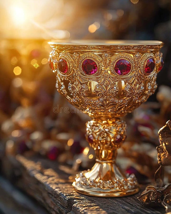 Golden Chalice Decorated with Ruby Diamonds on the Wooden Surface. Ai ...