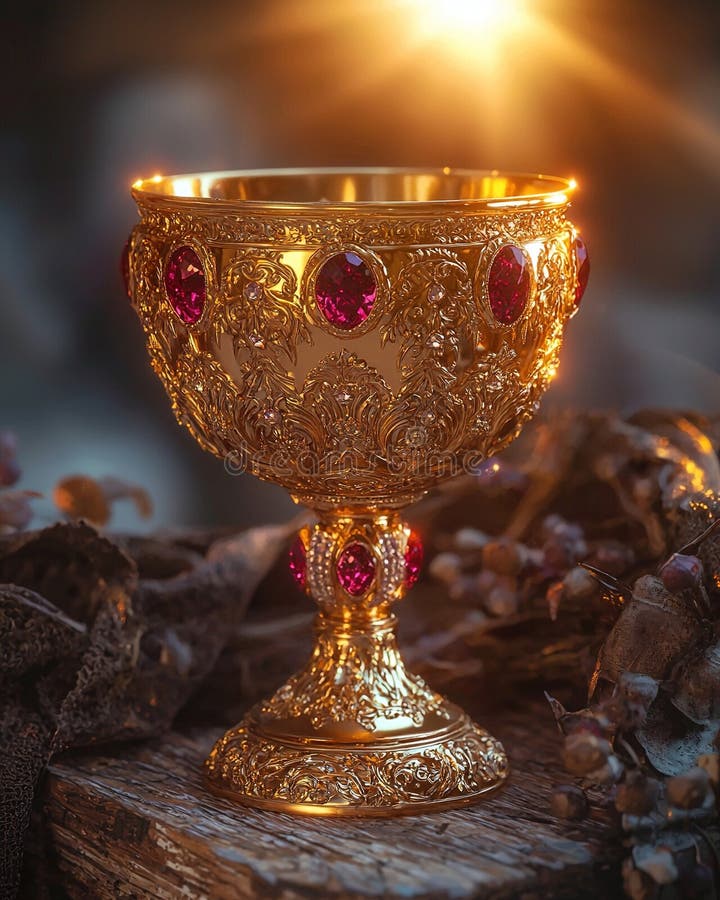 Golden Chalice Decorated with Ruby Diamonds on the Wooden Surface. Ai ...