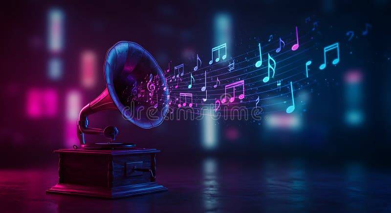 Vintage Gramophone Playing Music with Colorful Notes on Dark Background ...