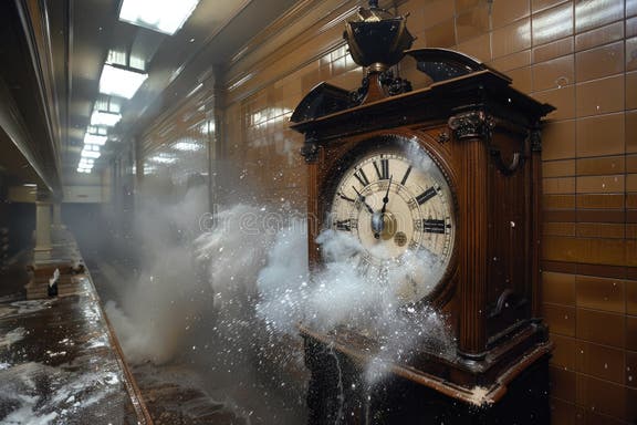 Antique Grandfather Clock Exploding into Dust and Smoke Stock ...