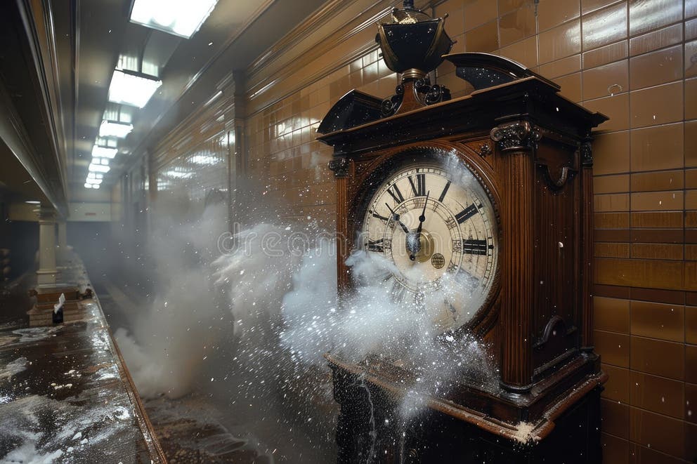 Antique Grandfather Clock Exploding into Dust and Smoke Stock ...