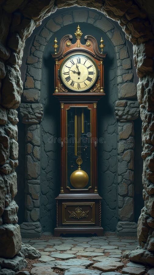 Antique Grandfather Clock in Rustic Stone Archway with Intricate ...