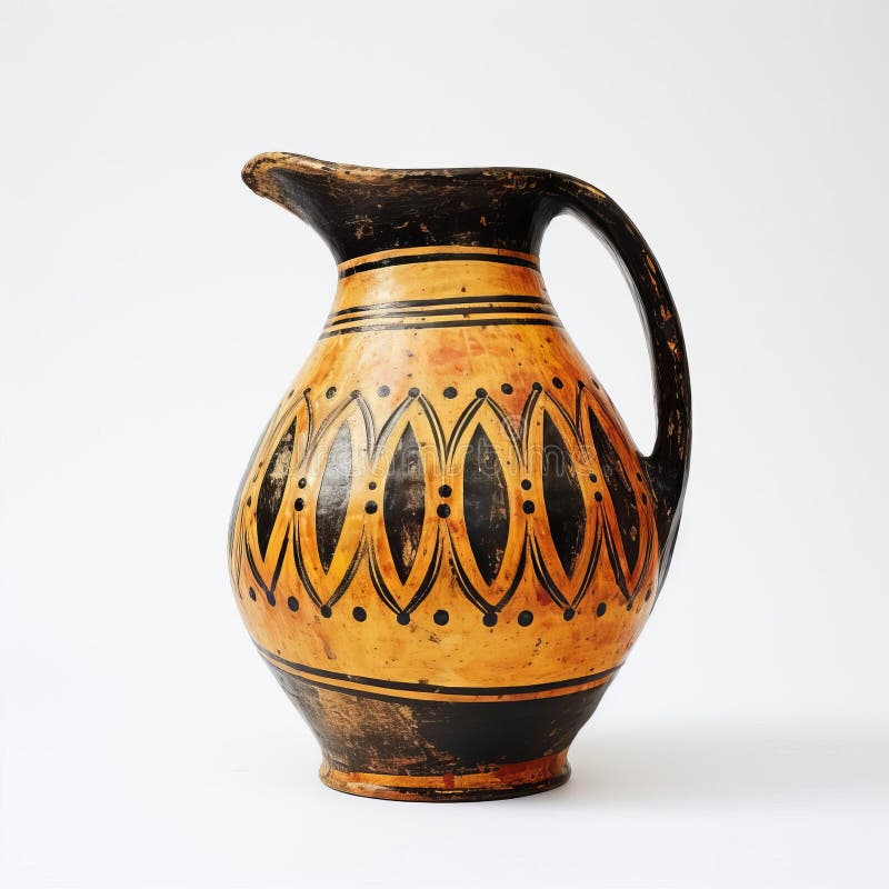 Antique Greek Pottery Pitcher with Geometric Pattern on White ...