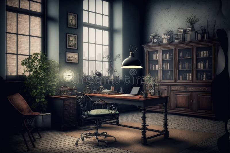 Antique Home Interior with Working Space and Study Desk in Elegant Room ...