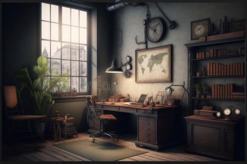 Antique Home Interior with Working Space and Study Desk in Elegant Room ...