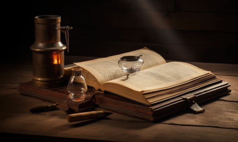 Antique Inkwell and Book Arranged on Rustic Table Creating Using ...