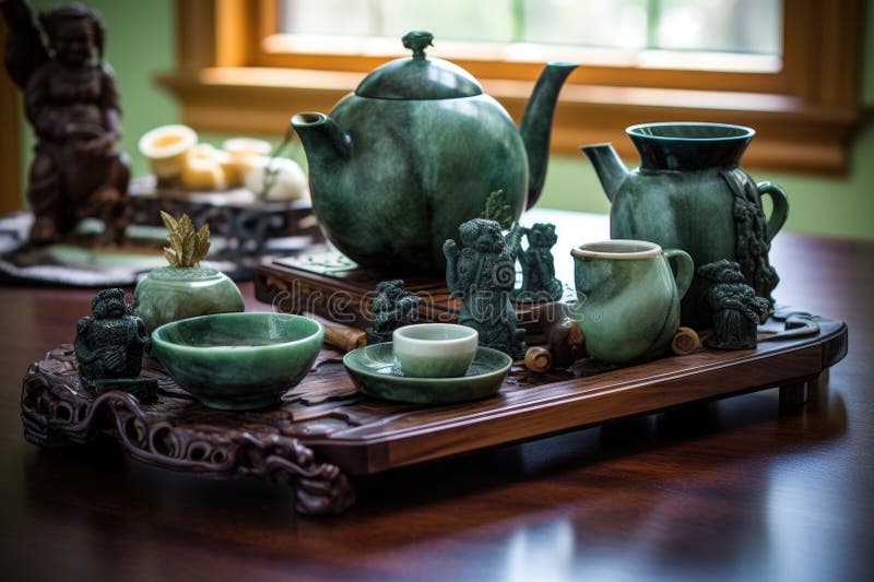 Antique Jade Chinese Tea Set on Wooden Table Stock Illustration ...
