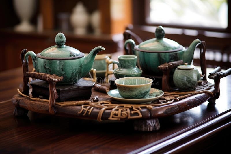 Antique Jade Chinese Tea Set on Wooden Table Stock Illustration ...