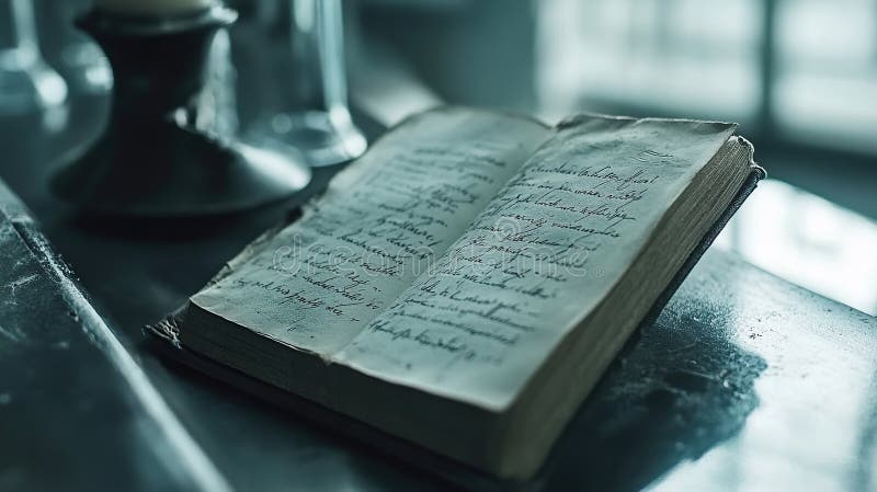 Antique Journal Open on Lab Table, Research Notes, Glassware Background ...