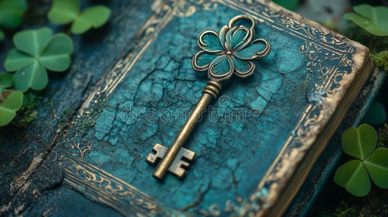 Antique Key with Clover Charm on Old Book Stock Image - Image of giving ...