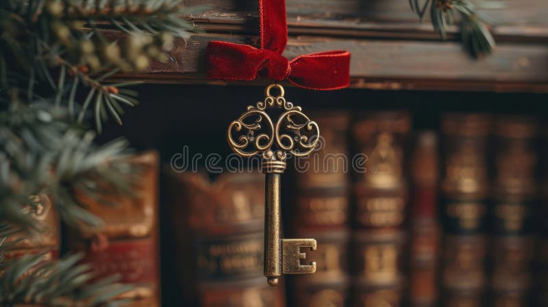 Antique Key Hanging with a Red Ribbon on a Bookshelf Stock Image ...