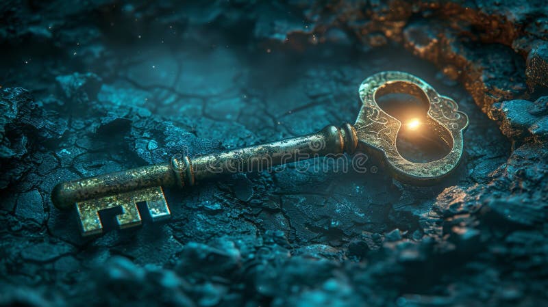 Antique Key Lying on a Cracked Stone Surface, Glowing Light. Mystery ...
