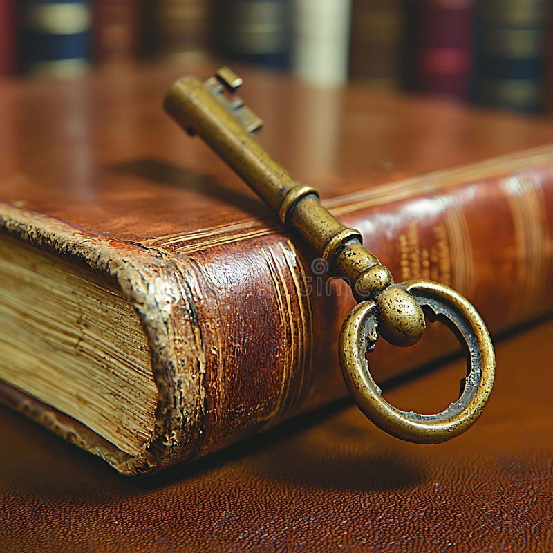 Antique Key Resting on a Vintage Leatherbound Book, Symbolizing Hidden ...