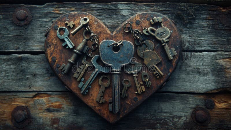 Antique Keys Arranged in a Heart Shaped Wooden Frame Stock Illustration ...