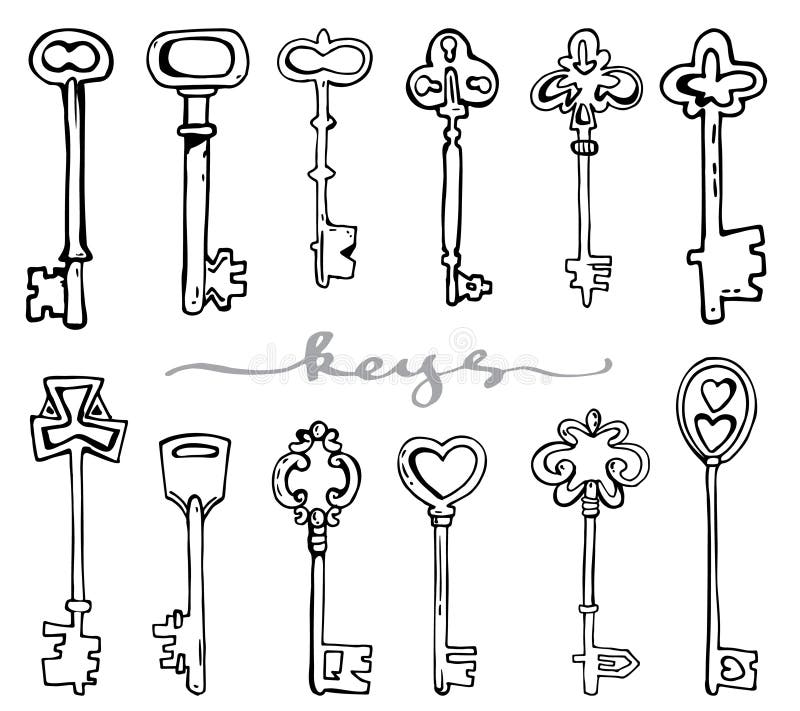 Vector Set Of Hand-drawn Antique Keys. Illustration In Sketch Style On ...