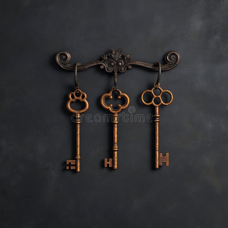 Antique Keys Hanging on a Decorative Hook Against a Dark Background ...