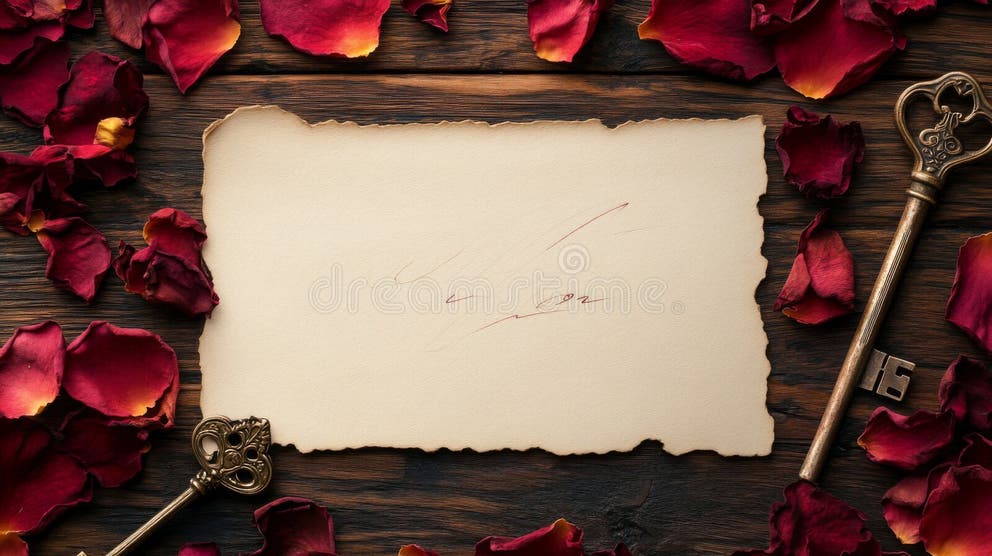 Antique Keys and Rose Petals Frame Blank Note Stock Illustration ...