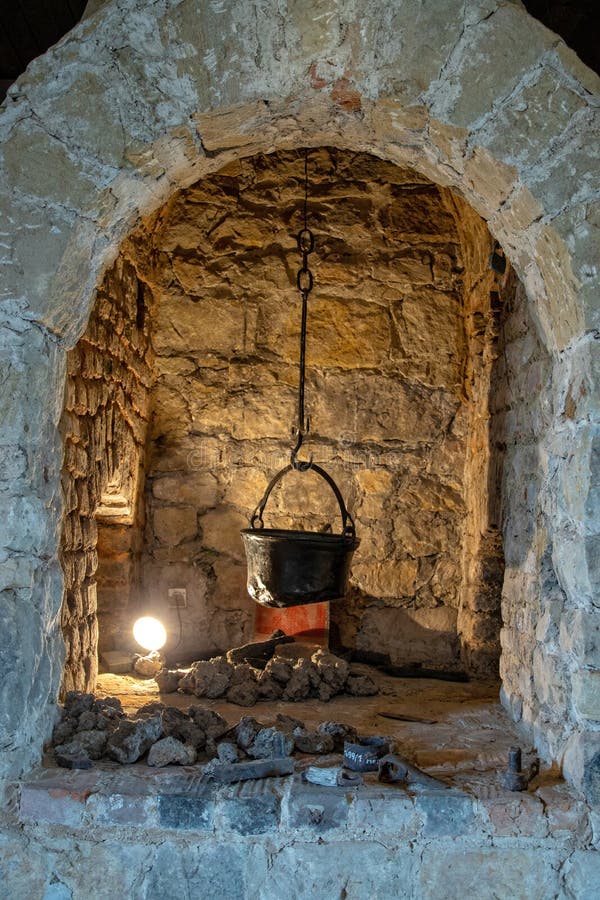 Antique Kitchen Hearth in a Historic Castle with a Metal Pot Stock ...