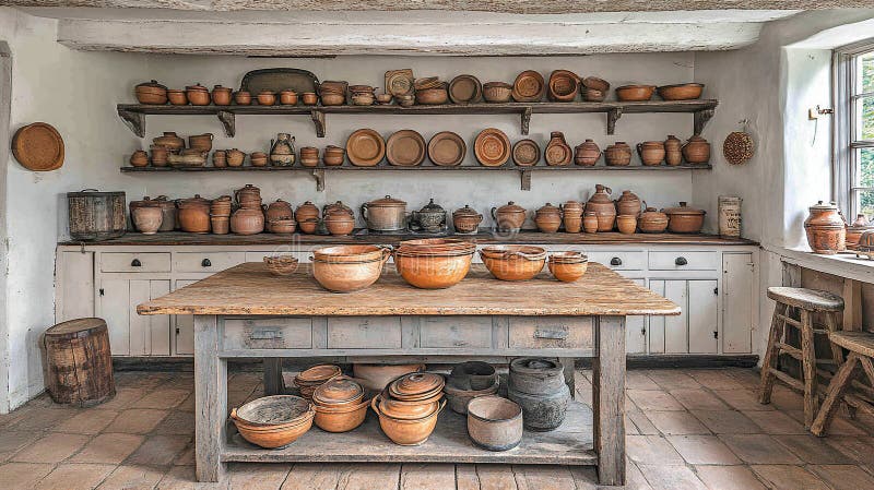 Antique Kitchen with Pottery Display Stock Illustration - Illustration ...