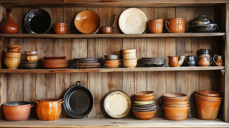 Antique Kitchenware and Rustic Wooden Shelves in a Vintage Kitchen ...