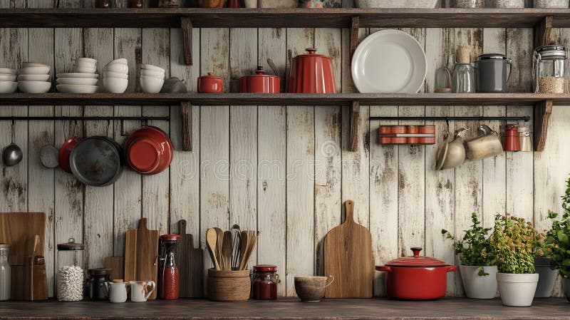 Antique Kitchenware and Rustic Wooden Shelves in a Vintage Kitchen ...