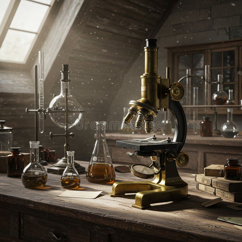 An Antique Laboratory Setup Features a Brass Microscope with a Curved ...