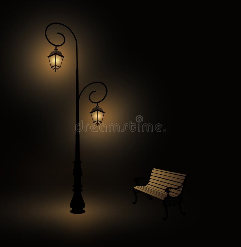 Antique Lamp Post and Bench Stock Illustration - Illustration of foggy ...