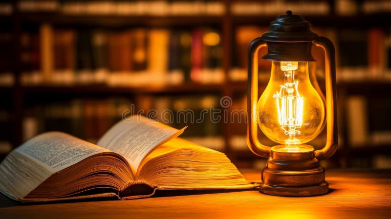 An Antique Lamp Provides Light for Books in a Library Environment Stock ...