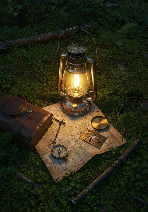 Antique Lantern and Compass on a Forest Map at Night Stock Illustration ...
