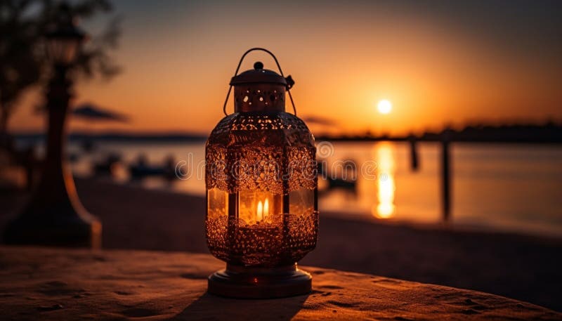Antique Lantern Glows in Tranquil Sunset Scene Generated by AI Stock ...