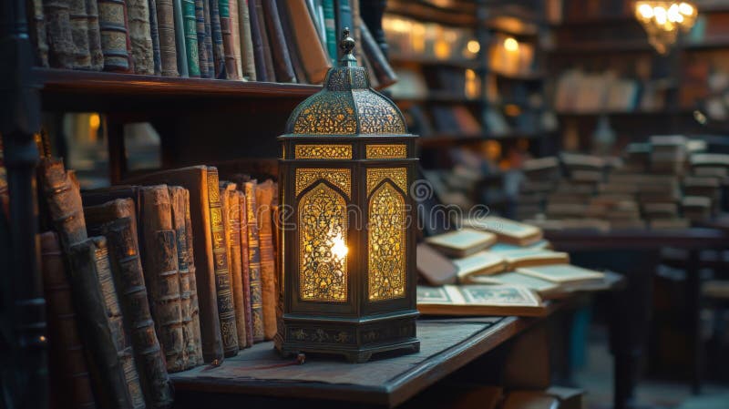 Antique Lantern Illuminates Old Books in Library Stock Illustration ...
