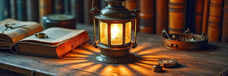 Antique Lantern Illuminating Rustic Library with Books and Compass on ...