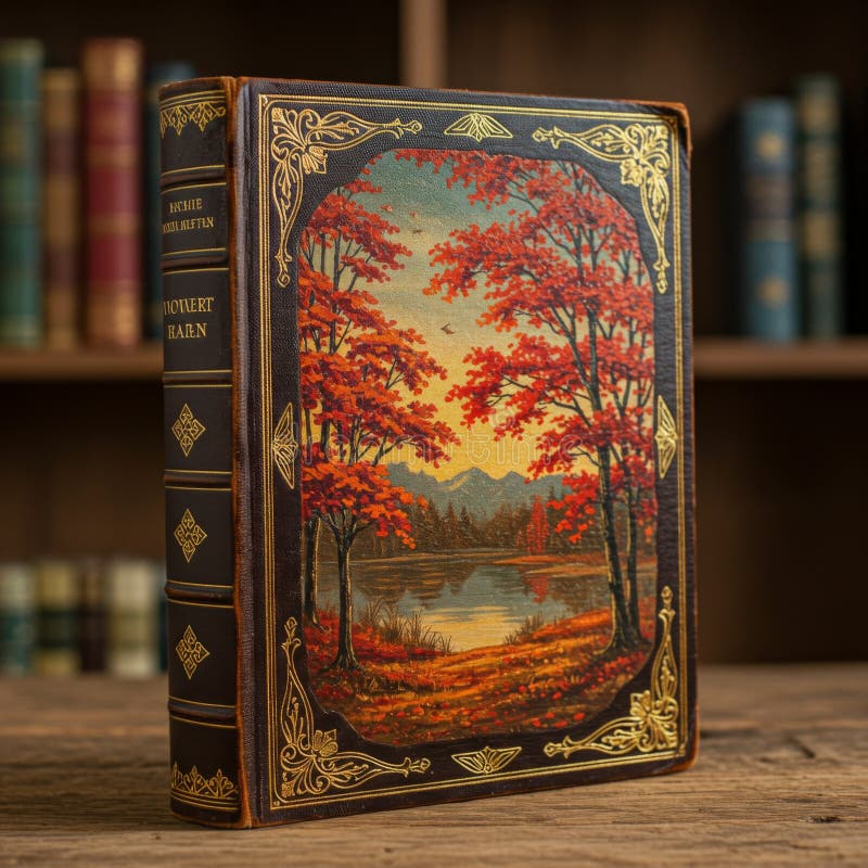 Antique Leather Book with Autumnal Landscape Illustration Stock ...