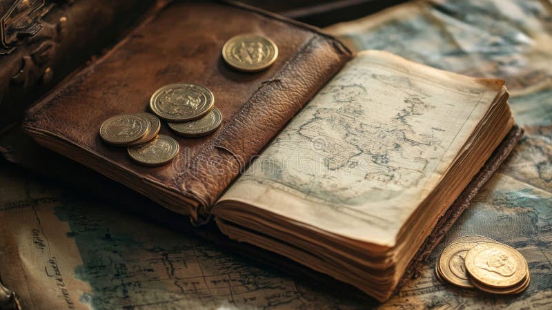 Antique Leather-Bound Book with Gold Coins and Aged Map Stock ...