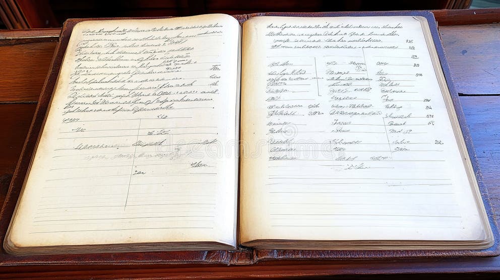 Antique Ledger Open, German Script, Wooden Desk, Archive Stock Photo ...