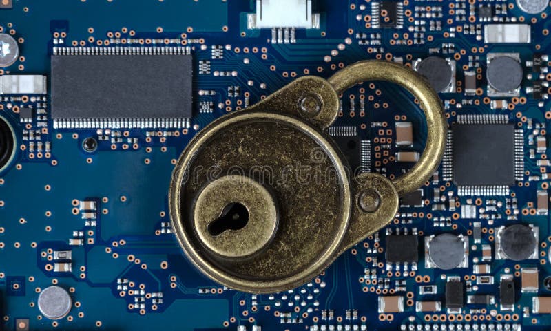 Antique Lock on Top of Computer Circuit Board for Securing Technology ...