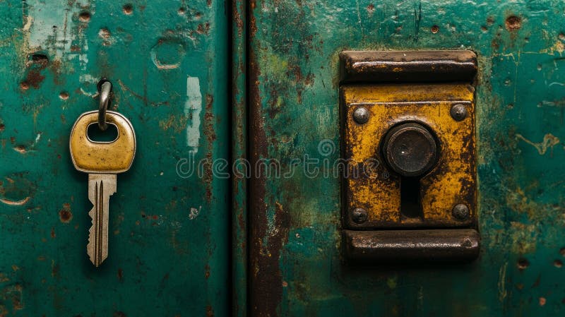 An Antique Locker Features a Key Inserted in Its Old Brass Lock ...